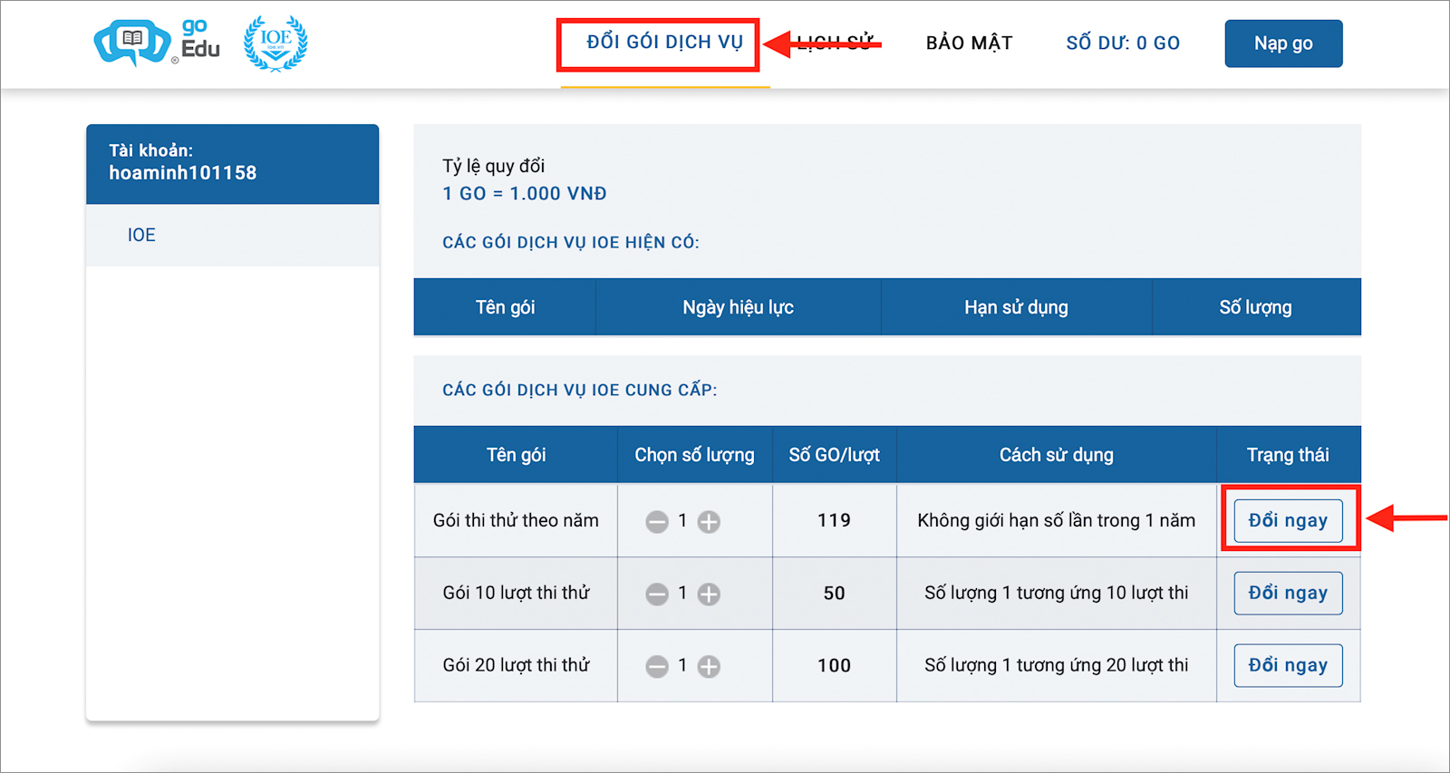Hướng dẫn cách đổi Go sang gói dịch vụ IOE