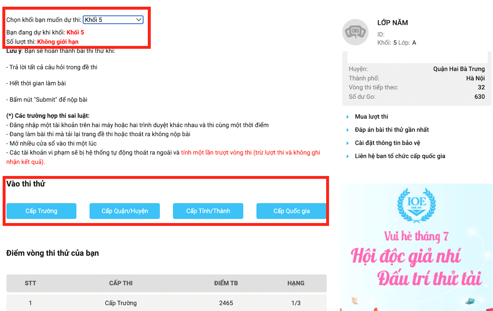 Hướng dẫn truy cập thi thử trên IOE