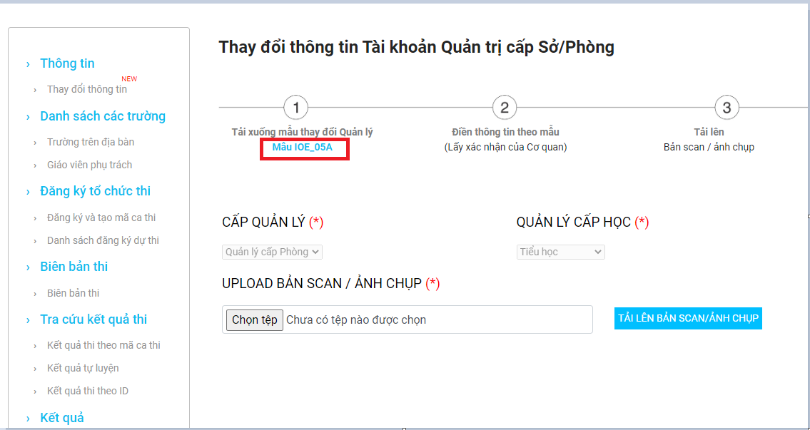 Hướng dẫn thay đổi thông tin Tài khoản Quản lý thi IOE của Sở/Phòng GD&ĐT (Sử dụng ID và tên ...