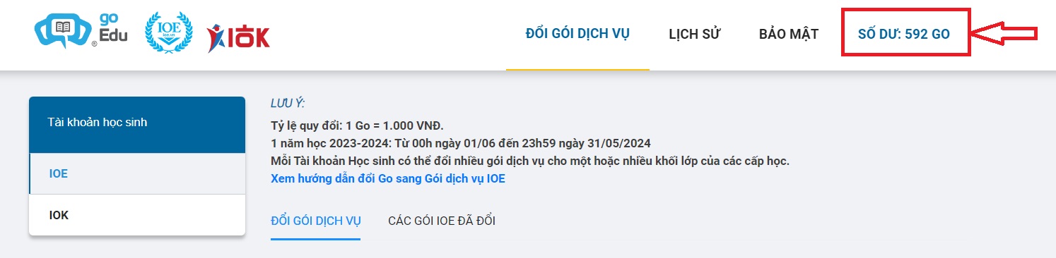 Hướng dẫn cách đổi Go sang gói dịch vụ IOE từ tài khoản học sinh